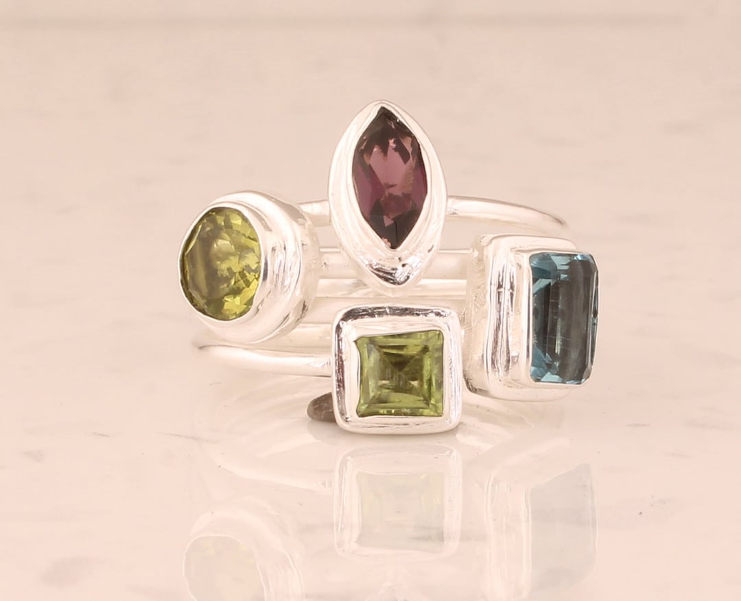 Four Stone Ring Set Solid 925 Sterling Silver Gemstone Ring for Women ...