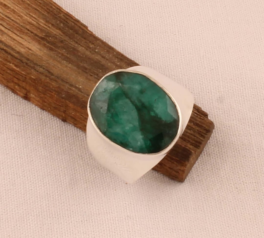 Large Raw Emerald Ring, Raw Emerald Cut Emerald Ring, Bohemian Sterling ...