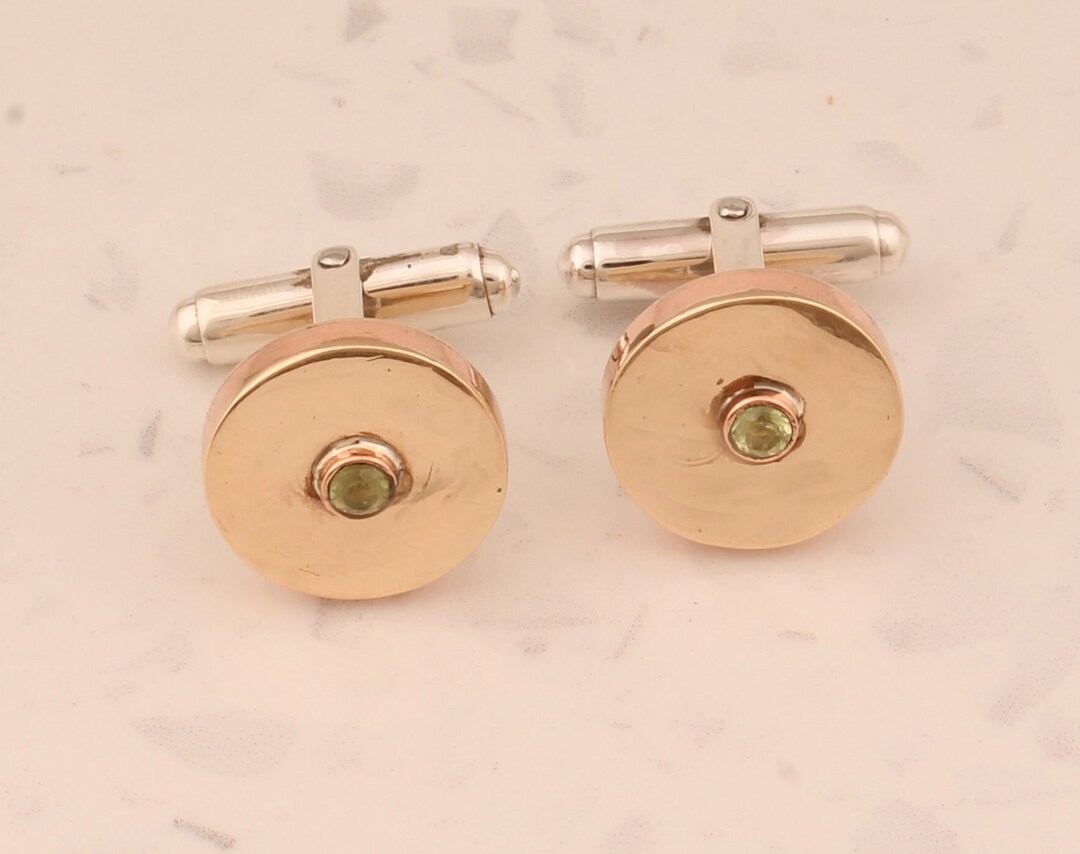 Pridot Tiny Stone Coin Solid 925 Sterling Silver With Rose Gold Copper Round Cufflinks for Him ...