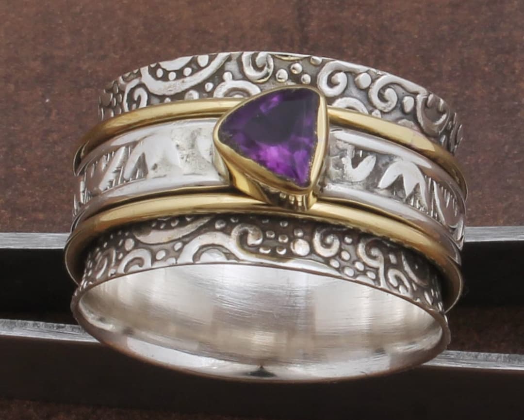 Amethyst Trillion Stone Solid 95 Sterling Silver Wide Band Spinner Ring ...