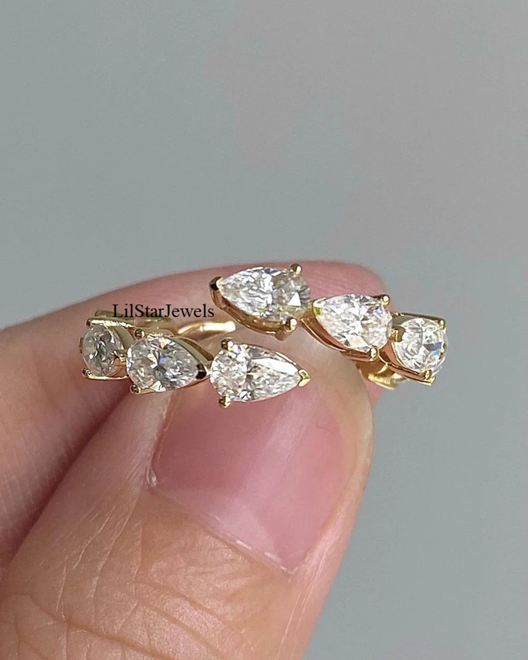 East West Pear Cut Simulated Diamond Ring, Adjustable Wedding Band ...