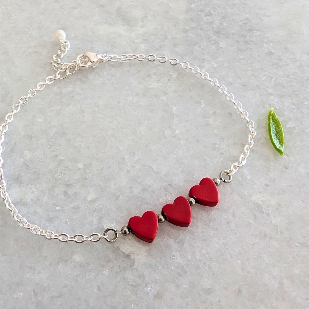 Customizable Tiny Red Hearts Bracelet, Dainty and Minimalist Love ...