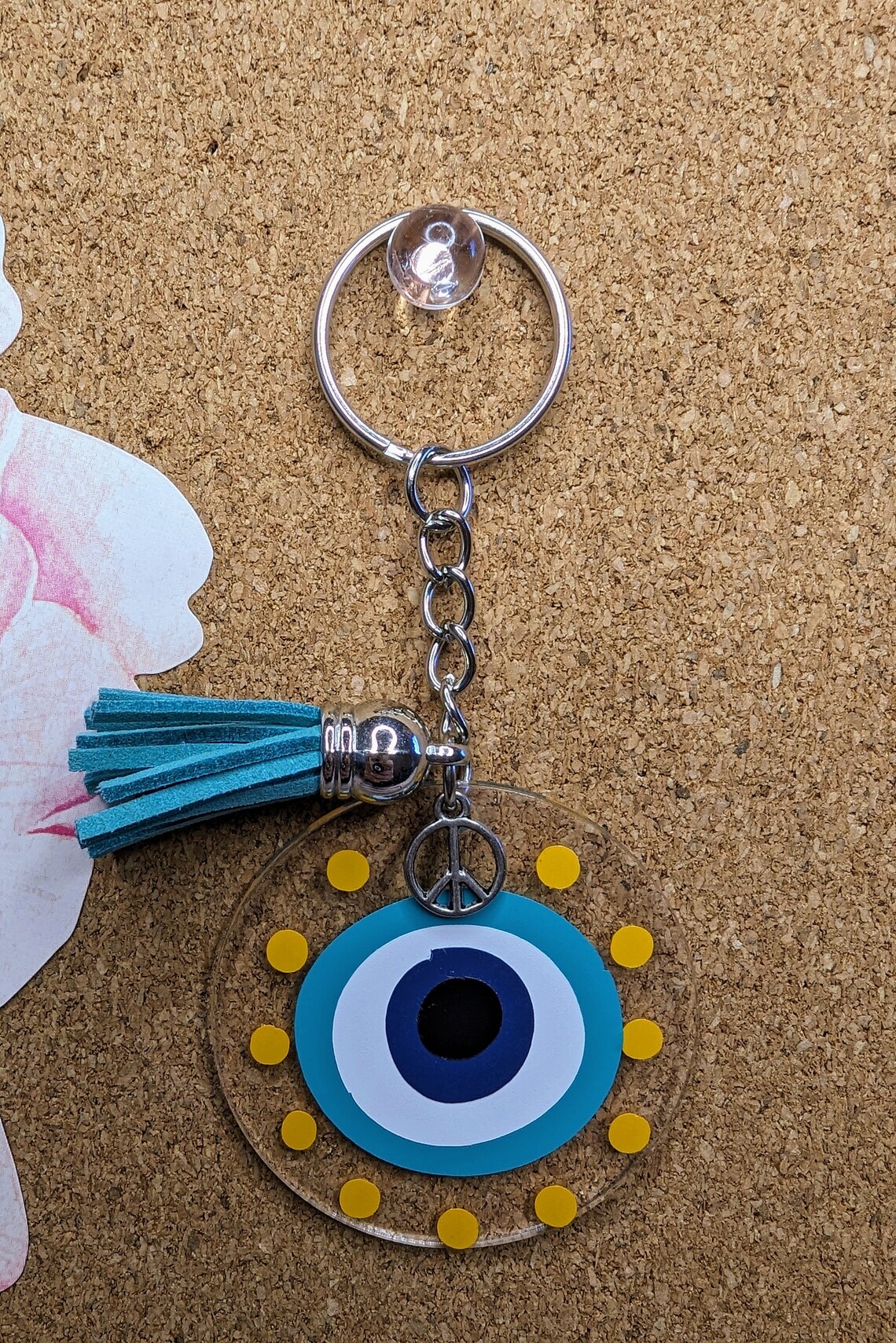 Evil Eye - Keychain With Silver Peace Sign Charm & Tassel - Initial of ...