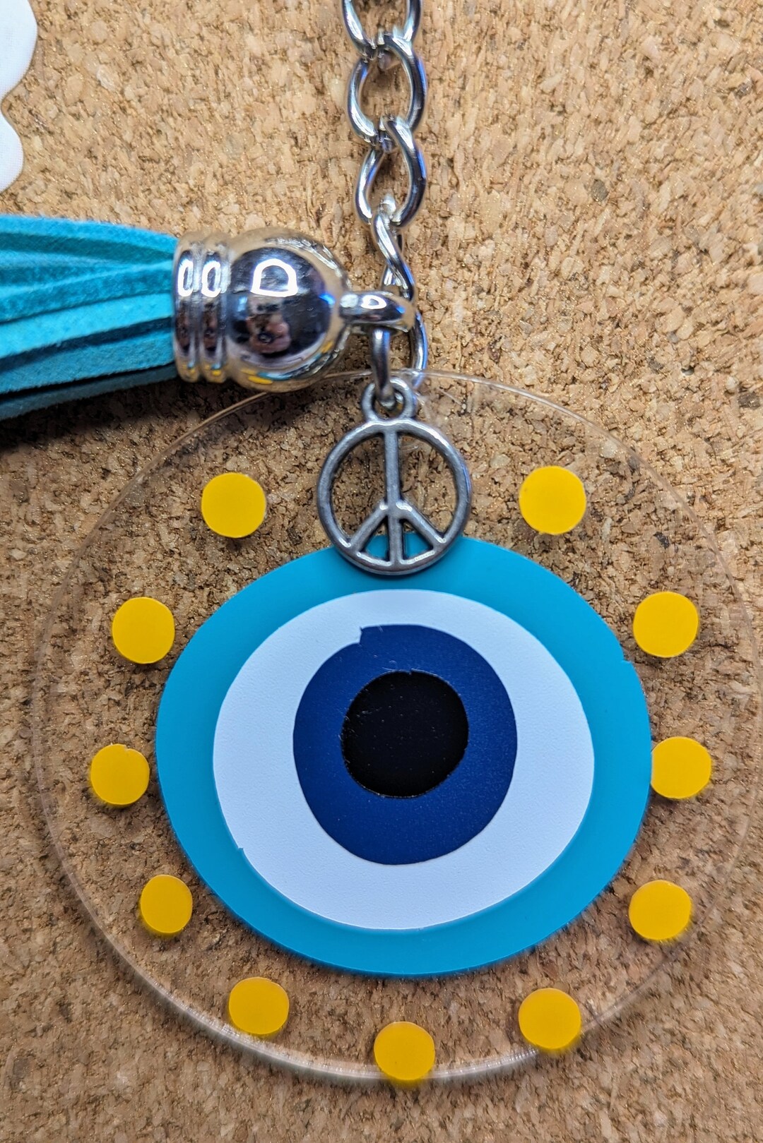 Evil Eye - Keychain With Silver Peace Sign Charm & Tassel - Initial of ...