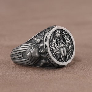 Horus Anubis Ring With 3D Scarab, Engraved Handmade Silver Mens Ring ...