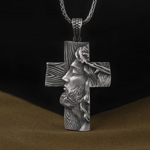 Handmade Silver Face of Jesus in Cross Necklace, Jesus Wearing Thorn of ...