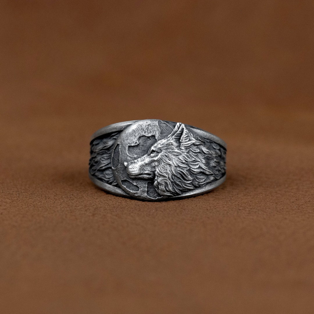Unique Wolf Men Ring, Handmade Silver Wolf With Moon Ring, Scandinavian ...