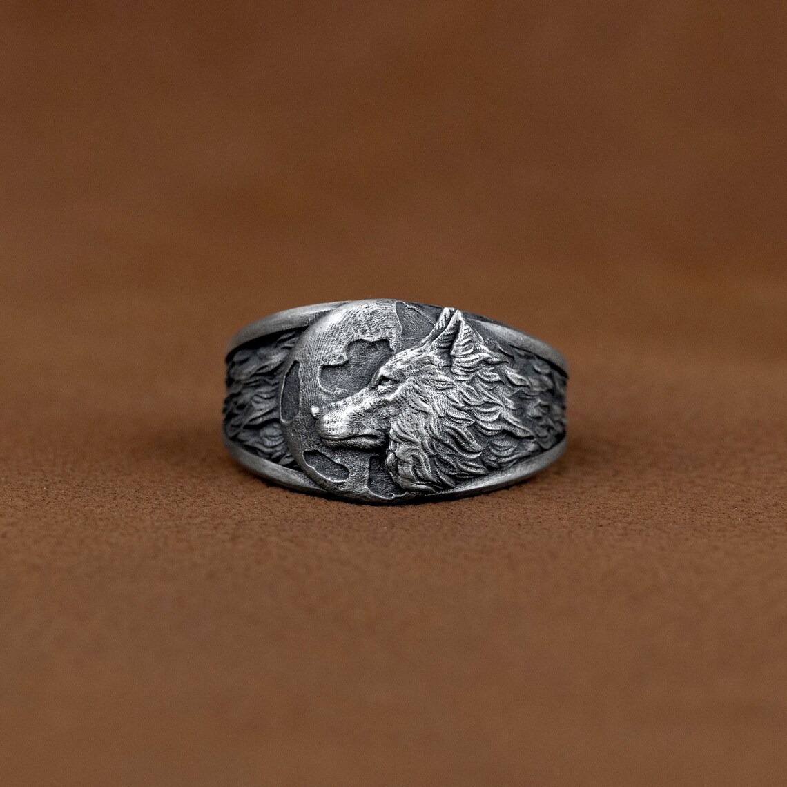 Unique Wolf Men Ring, Handmade Silver Wolf With Moon Ring, Scandinavian ...