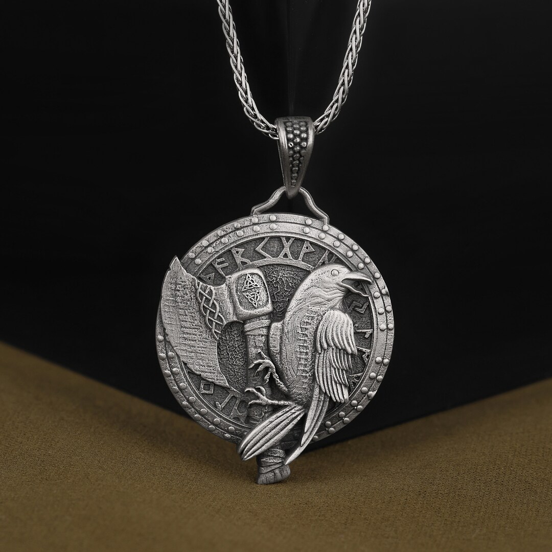 Norse Medallion With Runes Axe and Raven, 925 Sterling Silver Nordic ...