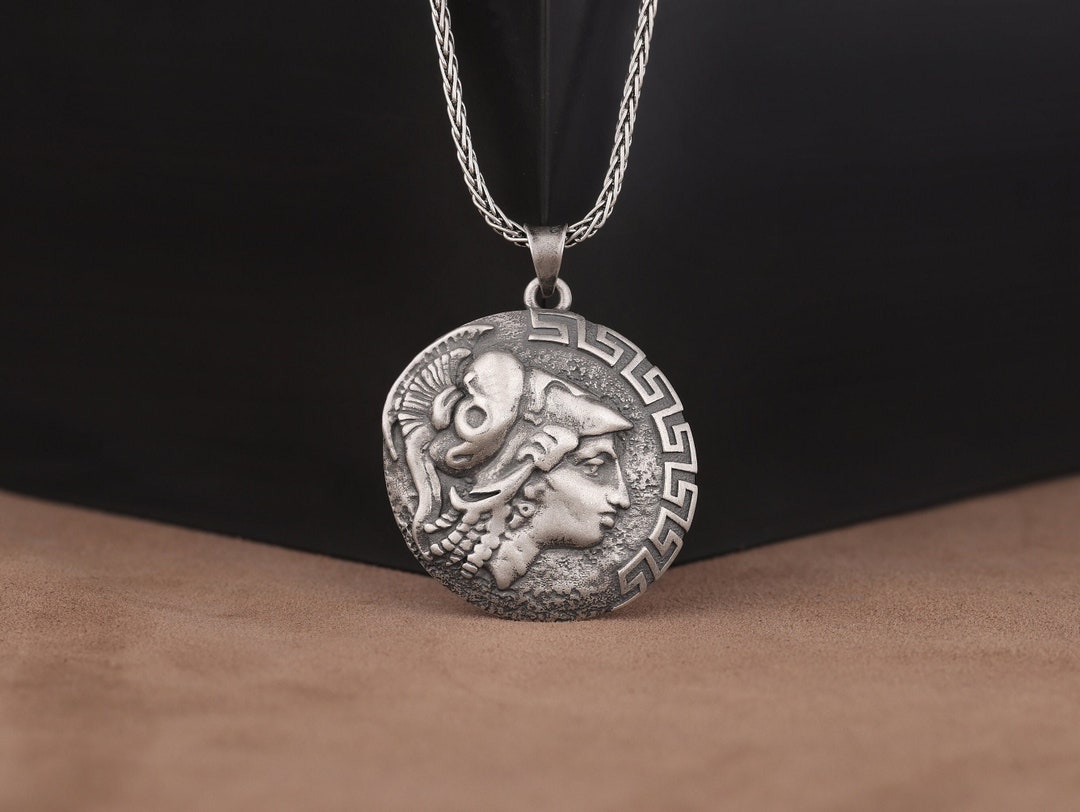 925 Sterling Silver Greek Goddess Athena Medallion, Meander Pattern ...