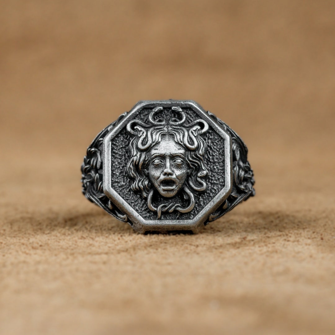 Medusa Silver Ring, Gorgon Medusa Gothic Signet Ring, Medusa With Snake ...