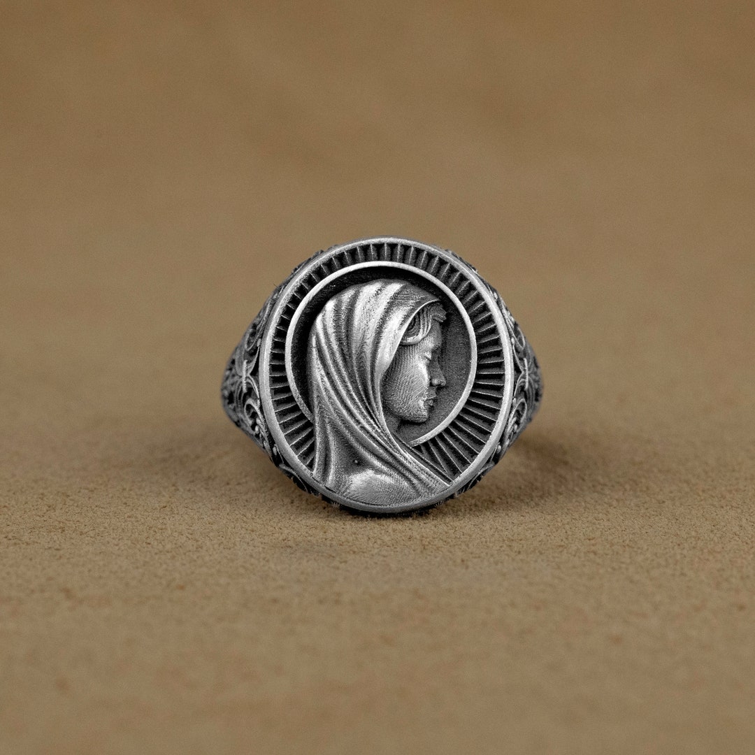 Virgin Mary Silver Ring, Oxidized Silver Signet Christian Men Ring ...