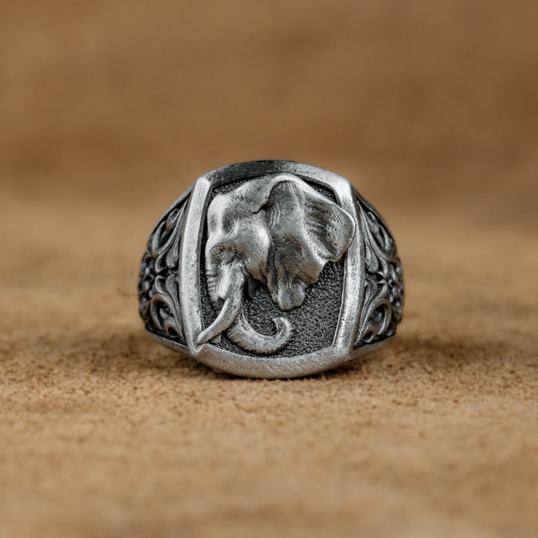 Handcrafted Elephant With Floral Pattern Men Silver Ring, Elephant ...