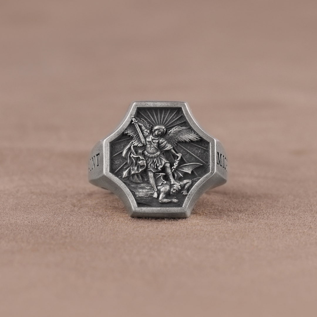 Michael Defeating Satan Ring, Archangel Michael Ring, Sterling Silver ...