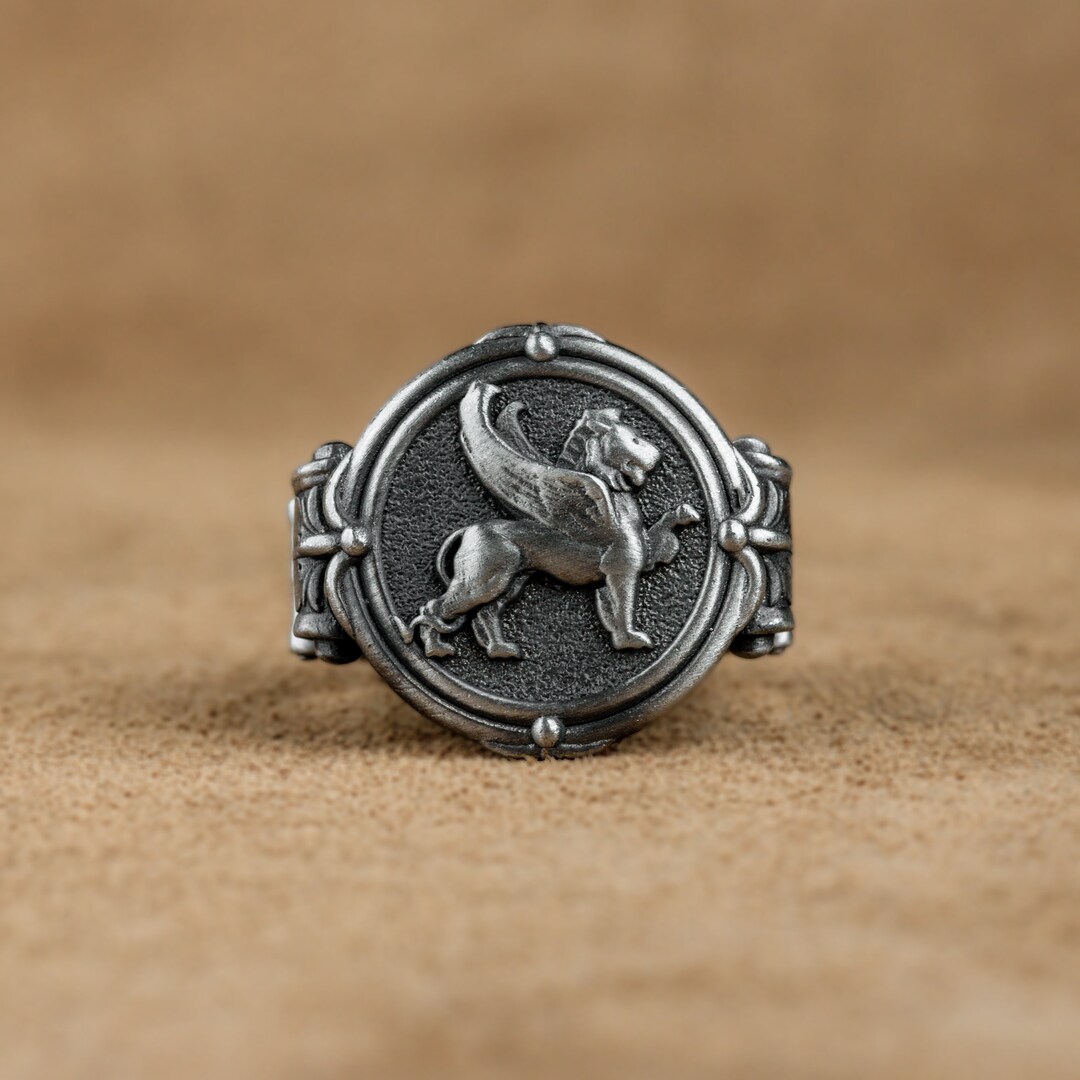Zodiac Leo Silver Men Ring, Winged Lion Signet Ring, Mythology Lover ...