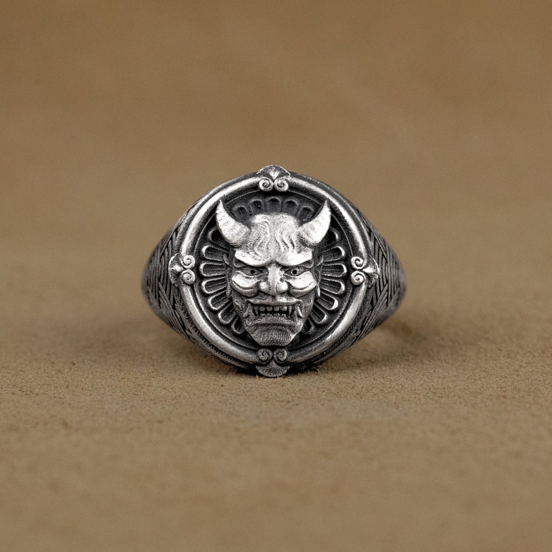 Japanese Art Silver Men Ring, Hannya Mask Female Demon Horns Men Ring ...
