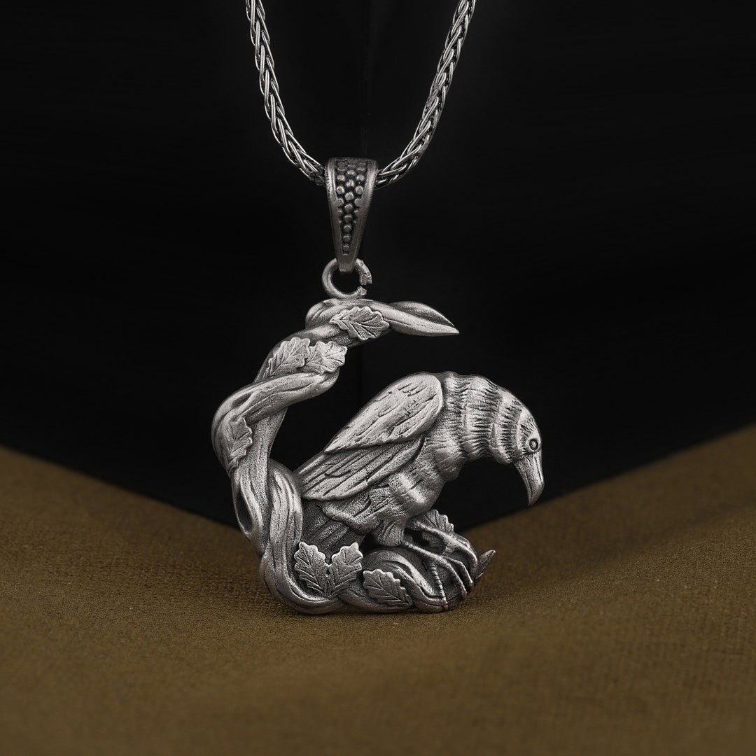 Sterling Silver Raven on the Branch Necklace, Nordic Symbol of Prophecy ...