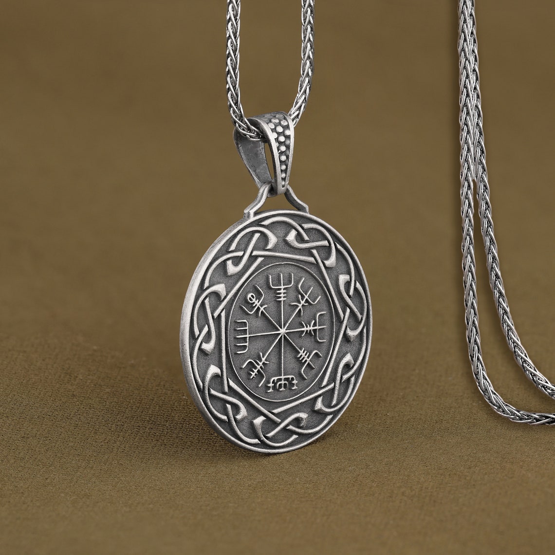 Viking Compass Vegvisir Medallion, Nordic Knot Ornamented Sterling ...