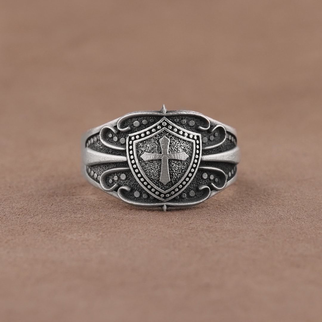 Silver Christian Symbol Cross on Shield Signet Ring, 925 Sterling ...