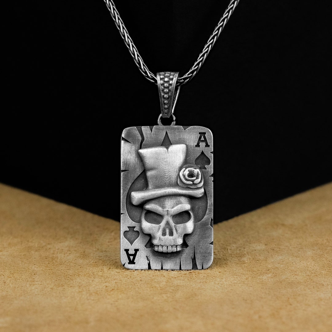 Poker Pendant, Ace of Spades Magician Skull Silver Men Necklace, Silver ...