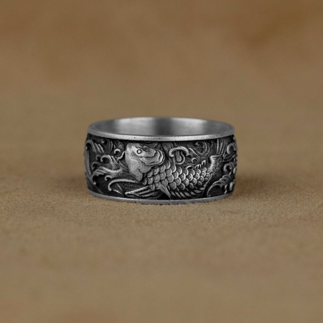 Japanese Style Wedding Band Rings, Carp and Waves Ring for Boyfriend ...