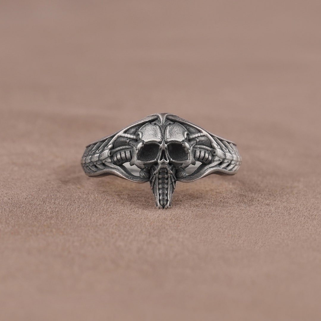 Pilot Skull Bio Mechanic Ring, Handmade Sterling Silver Men Ring, Skull ...