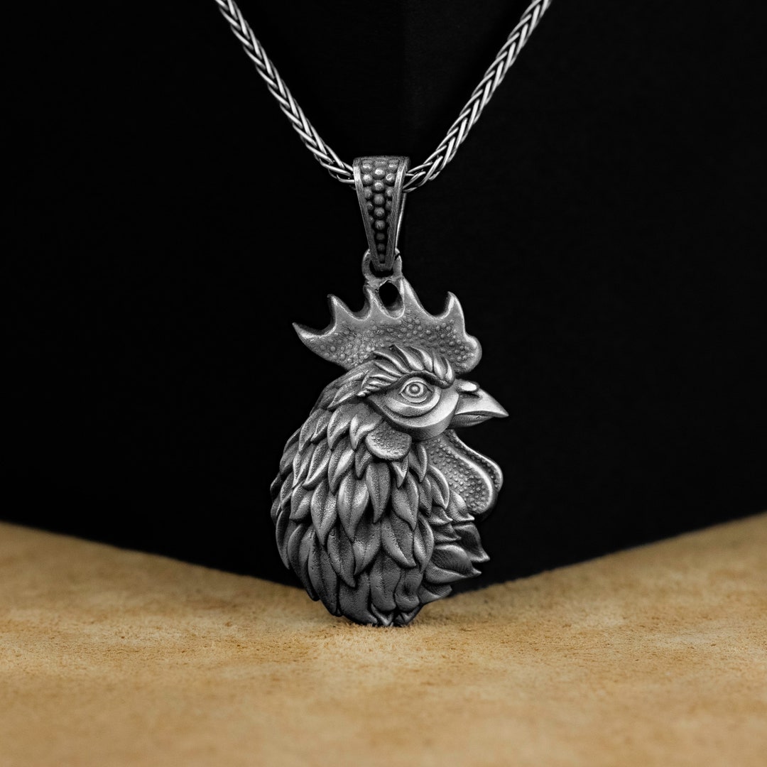 Rooster Pendant, Sterling Silver Rooster Head Men Necklace, Animal ...