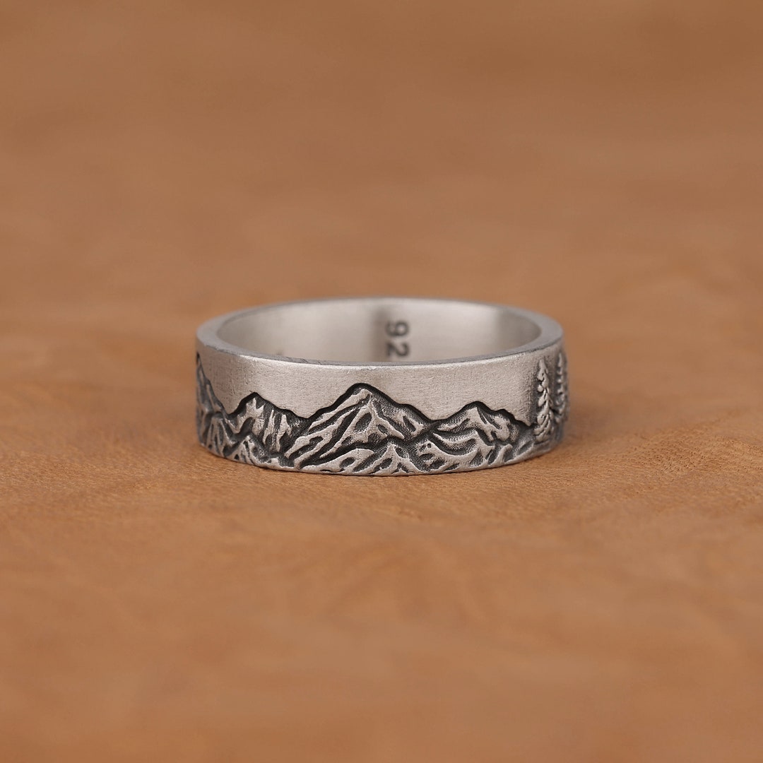 Mountains and Pine Trees Forest Art Ring Silver Ring, Minimalist 925 ...