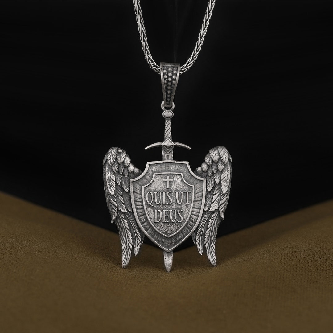 Catholic Icon Quis Ut Deus Shield Necklace With Sword and Wings ...