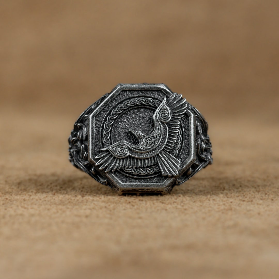 Viking Raven Bird Silver Men Ring, Norse Mythology Raven Bird of ...