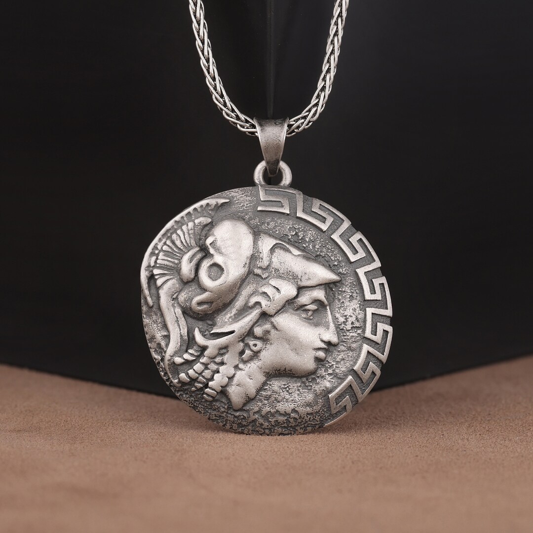 925 Sterling Silver Greek Goddess Athena Medallion, Meander Pattern ...