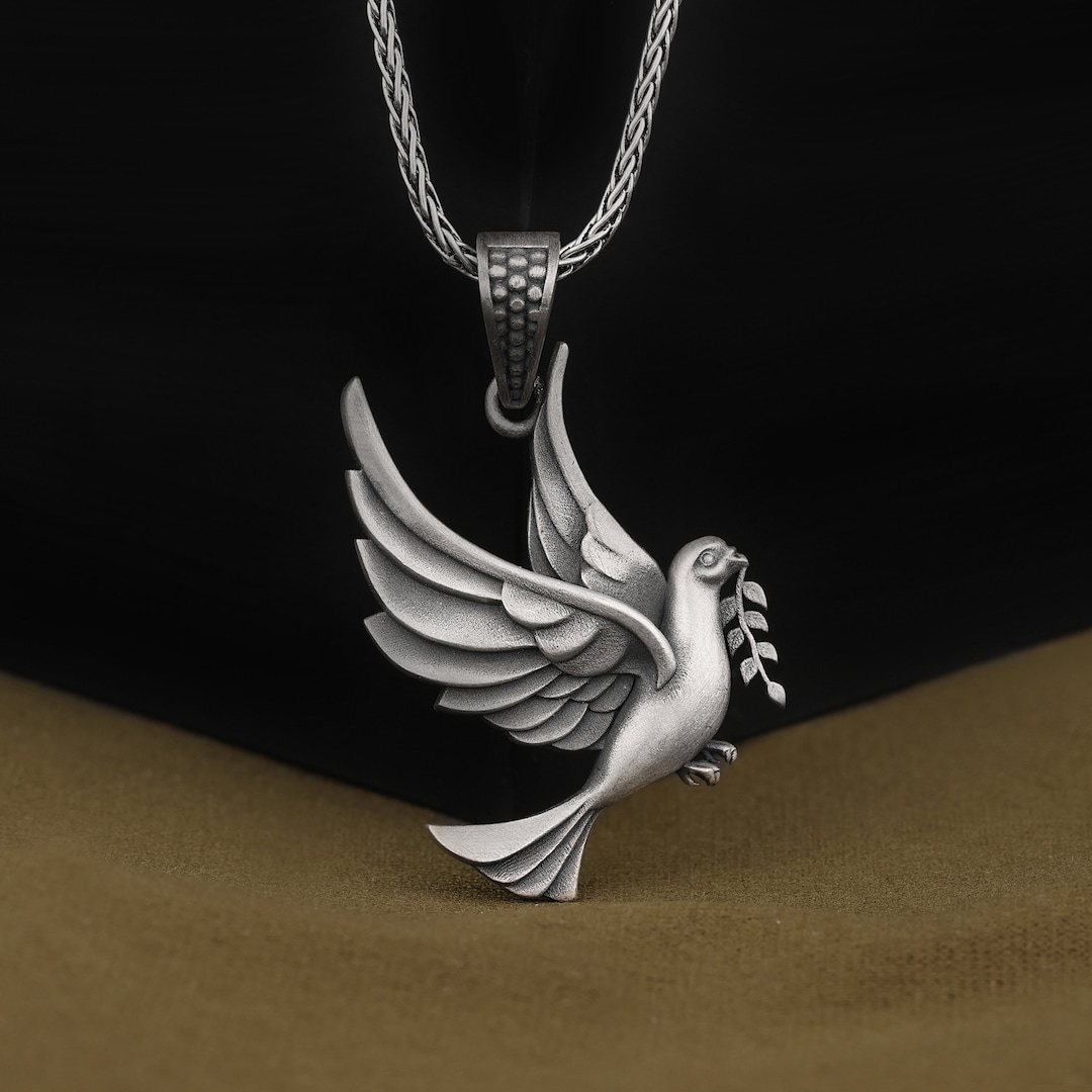 Pigeon Holding Branch With Its Beak Good Luck Necklace, Oxidized Silver ...
