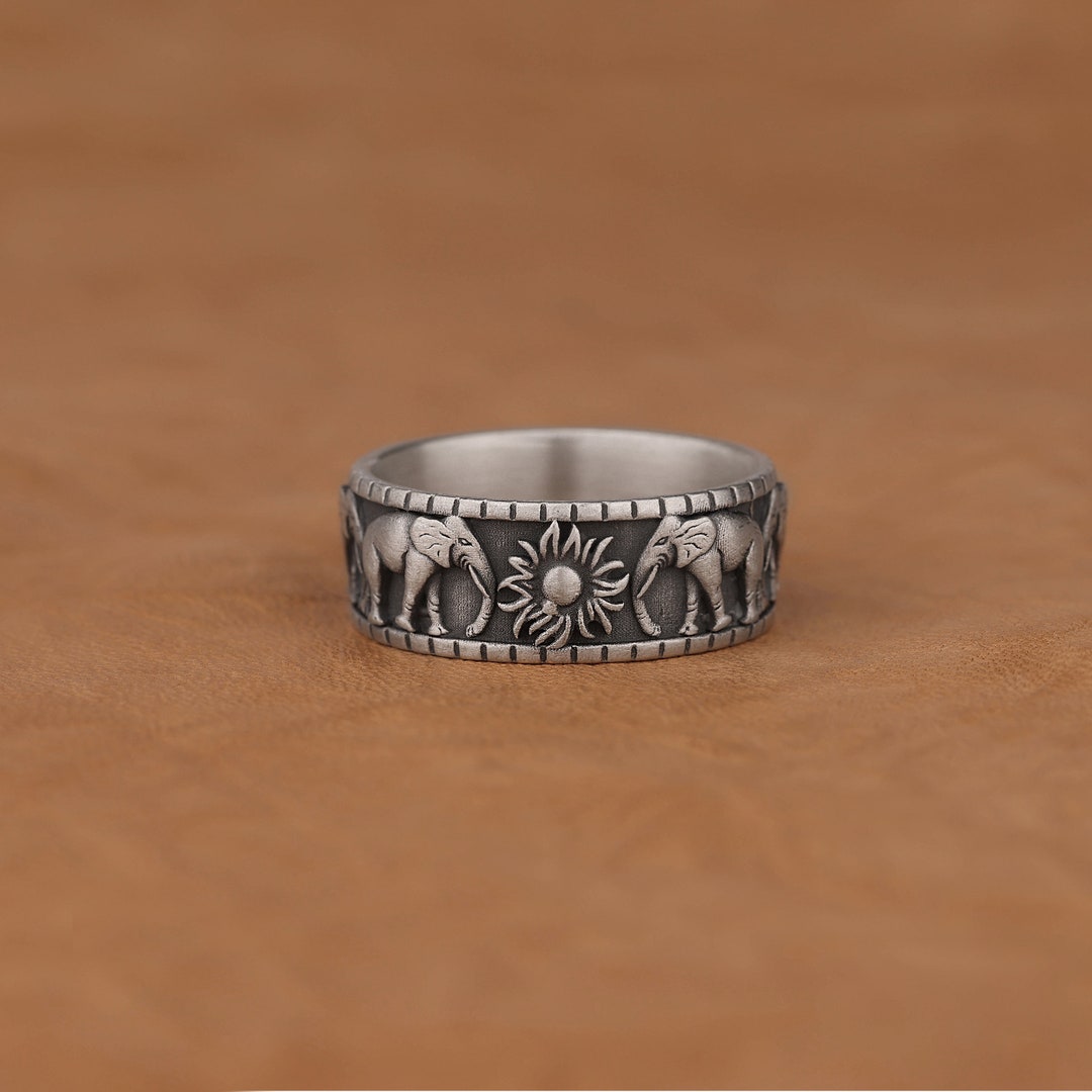Good Luck Ring With Elephants and Sunflower, 925 Sterling Silver Boho ...