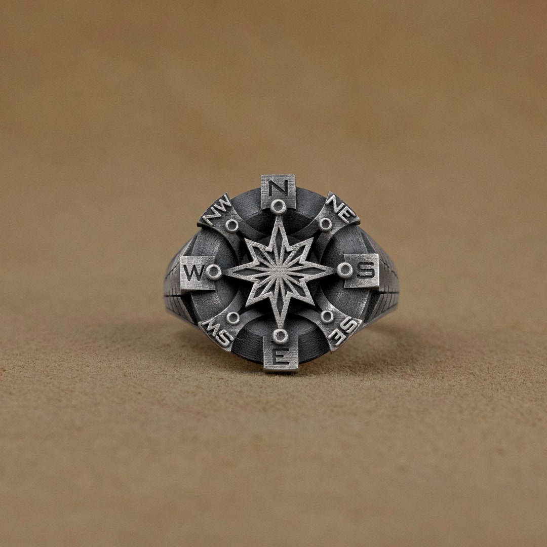 Unique North Star Compass Silver Men Ring, Traveler Man Ring, Seal ...