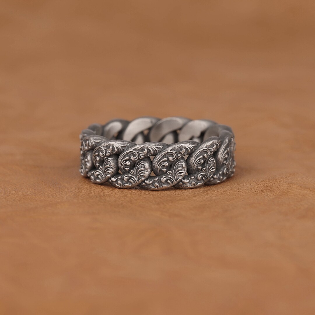 Victorian Motif Floral Curb Link Chain Engagement Ring, 925 Sterling ...