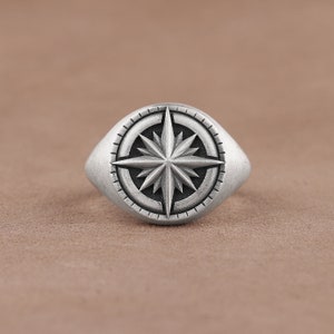 The North Star Compass Egraved Signet Ring, 925 Sterling Silver Ring ...