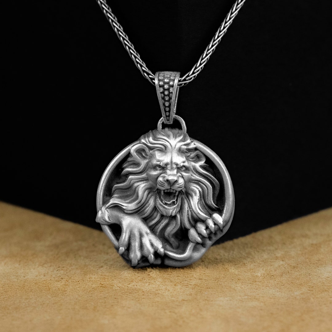 Lion Pendant, Lion Furious Angry Silver Men Necklace, African Wild Lion ...