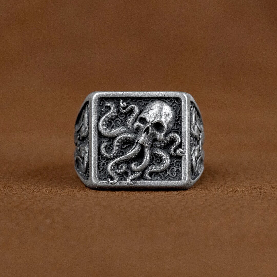 Octopus Silver Unique Ring, Skull With Seaweed Ring, Kraken Men Signet ...