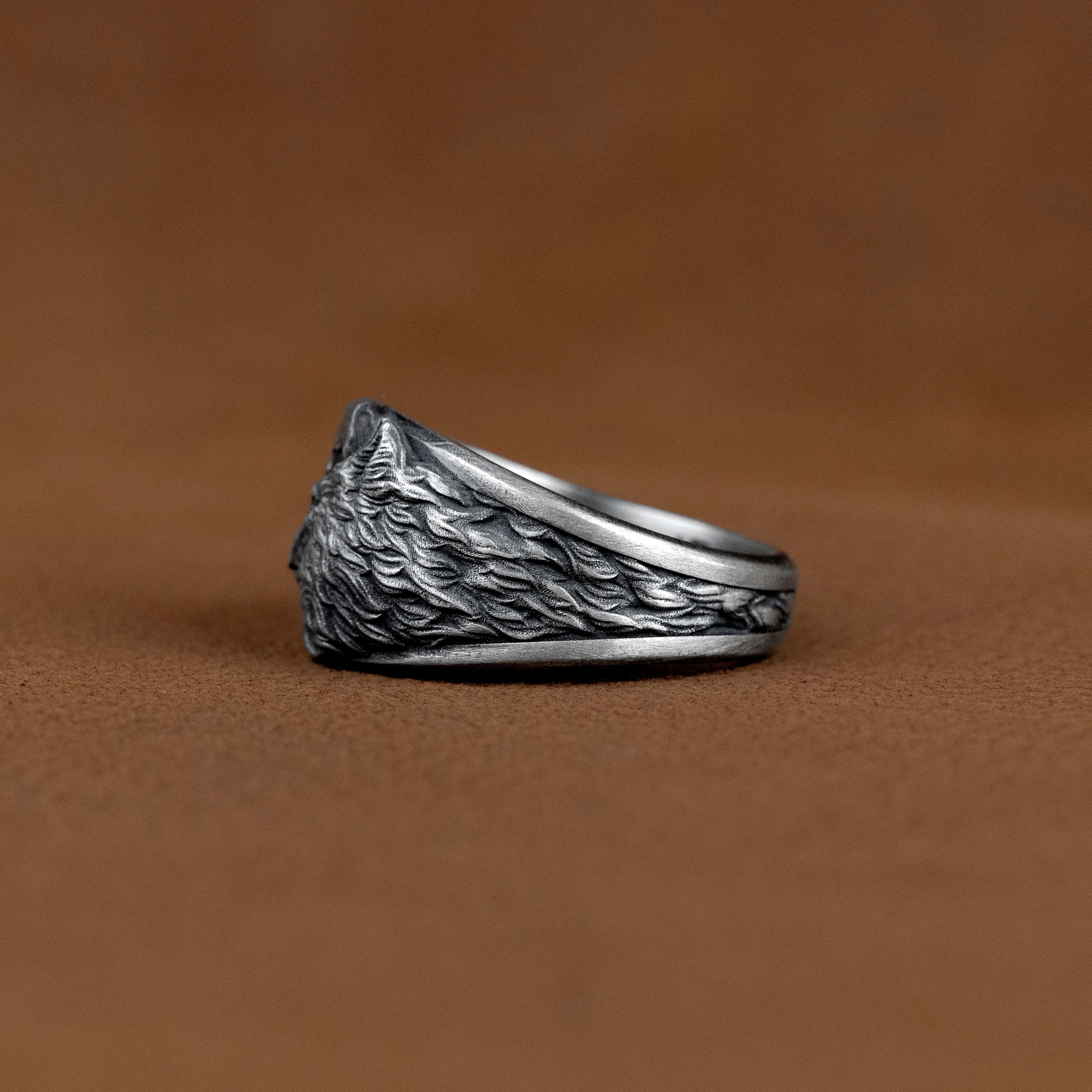 Unique Wolf Men Ring, Handmade Silver Wolf With Moon Ring, Scandinavian ...