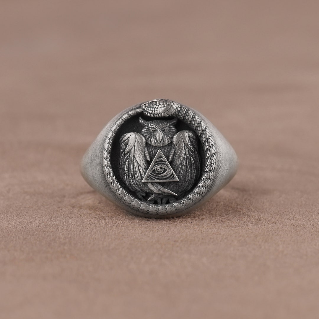 Snake Ouroboros Owl Eye of Providence Ring, Freemasonry Sign, Mens ...