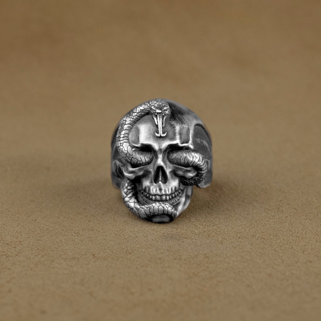 Biker Men Ring, Skull and Snake Sterling Silver Ring, Biker Skull ...