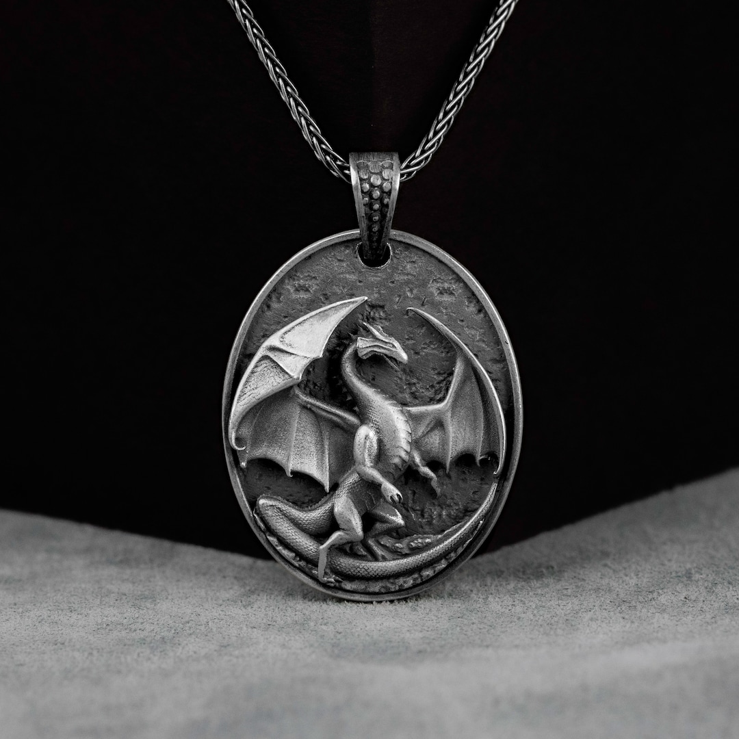 Modern Silver Dragon Men Necklace, Mythology Winged Dragon Pendant ...