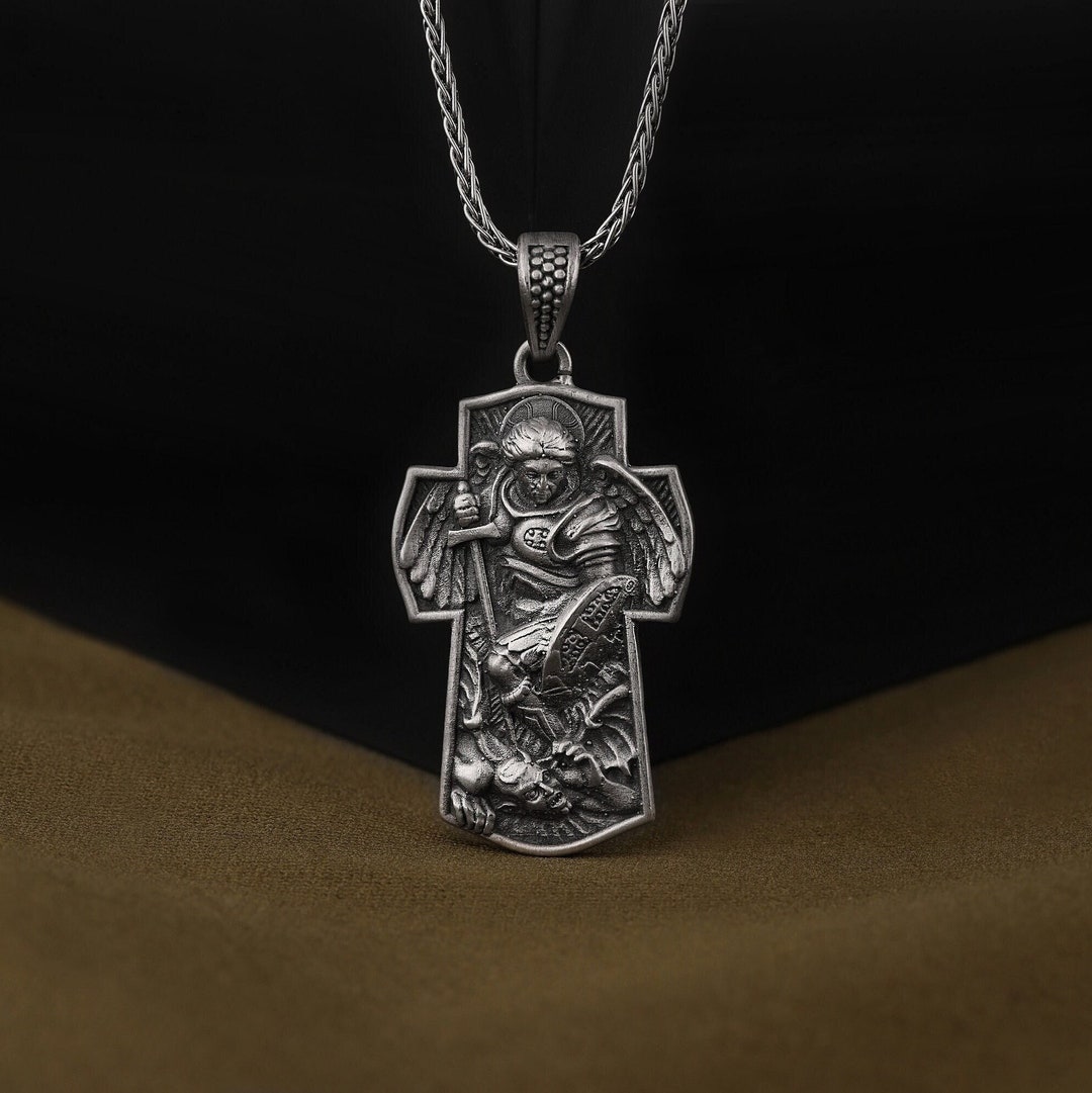 Saint Michael Defeats Lucifer Cross Necklace, Oxidized 925 Silver ...