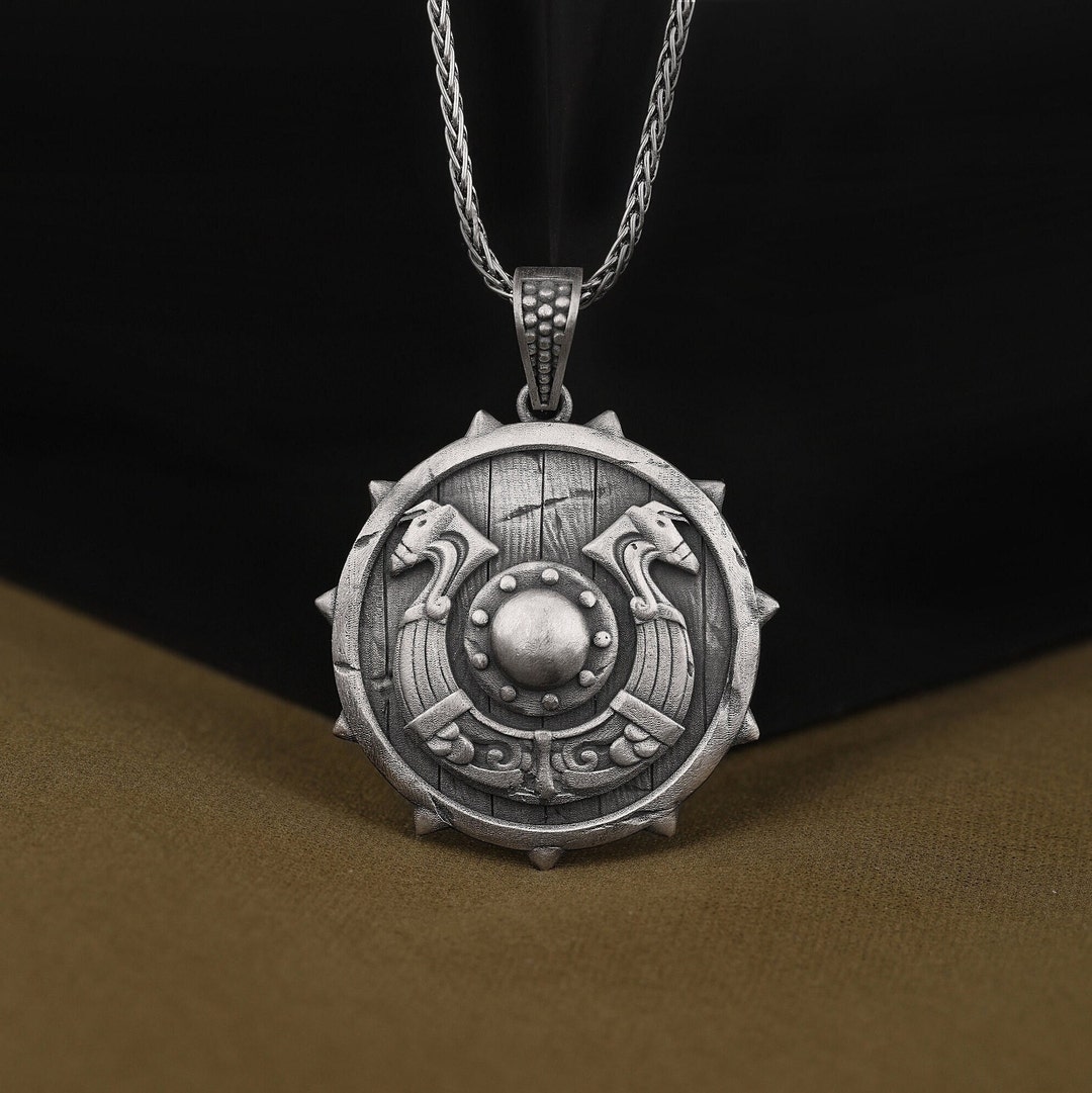Viking Drakkar Motif Shield Medallion, 925 Sterling Silver Oxidized ...