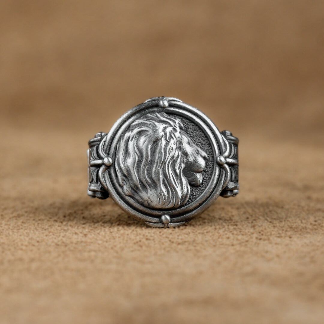 Silver Lion Engraved Ring, Lion Head Signet Ring Jewelry, Animal Lover ...