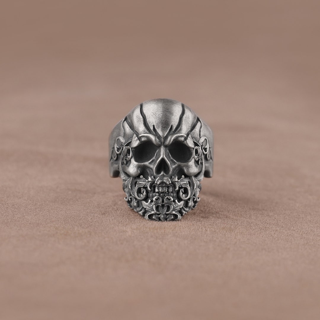 Skull Head Beard Pattern Ring, Handmade Skull Ring, Sterling Silver ...