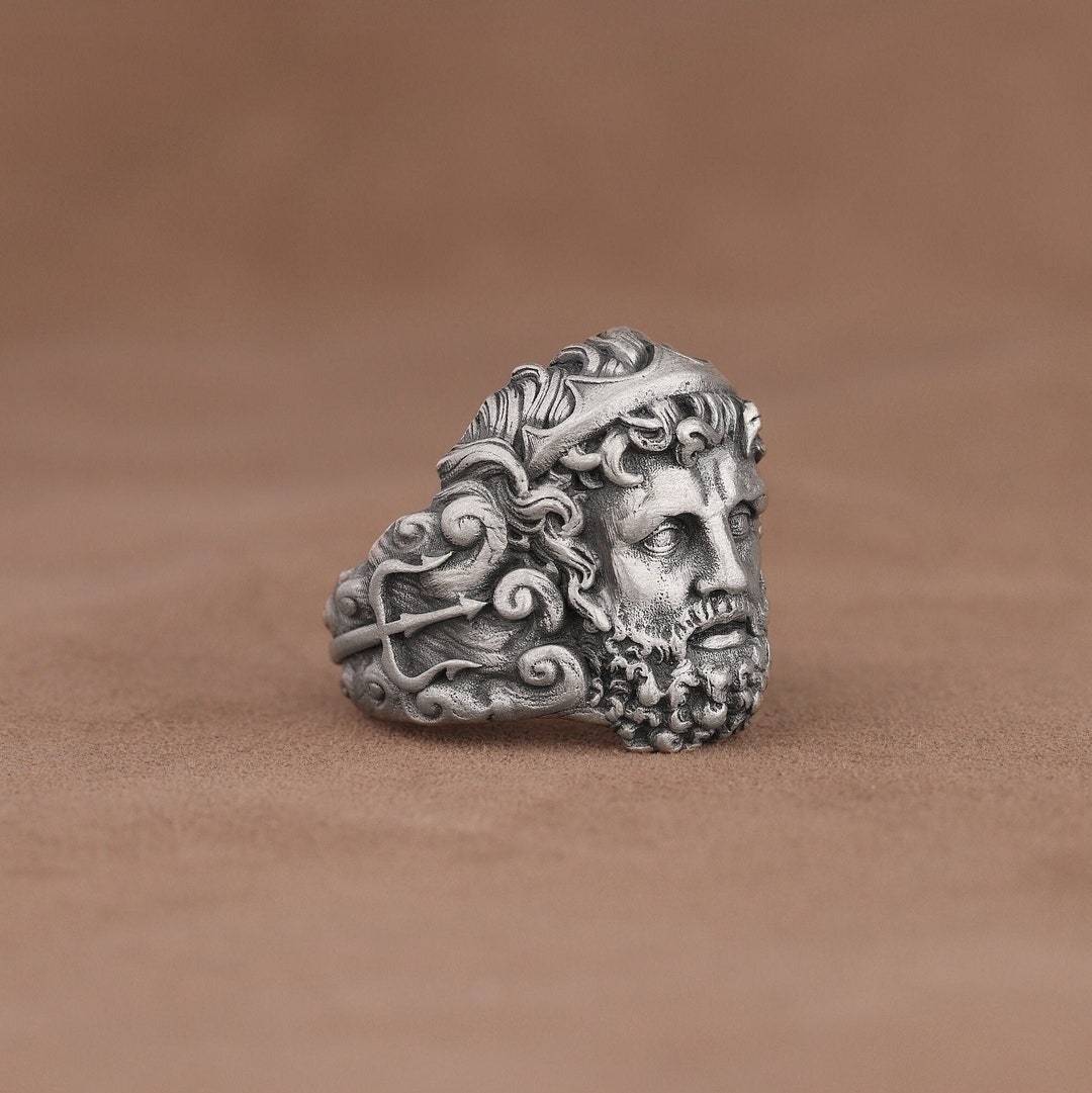 God of the Sea Poseidon Statement Ring, Trident Engraved Greek ...