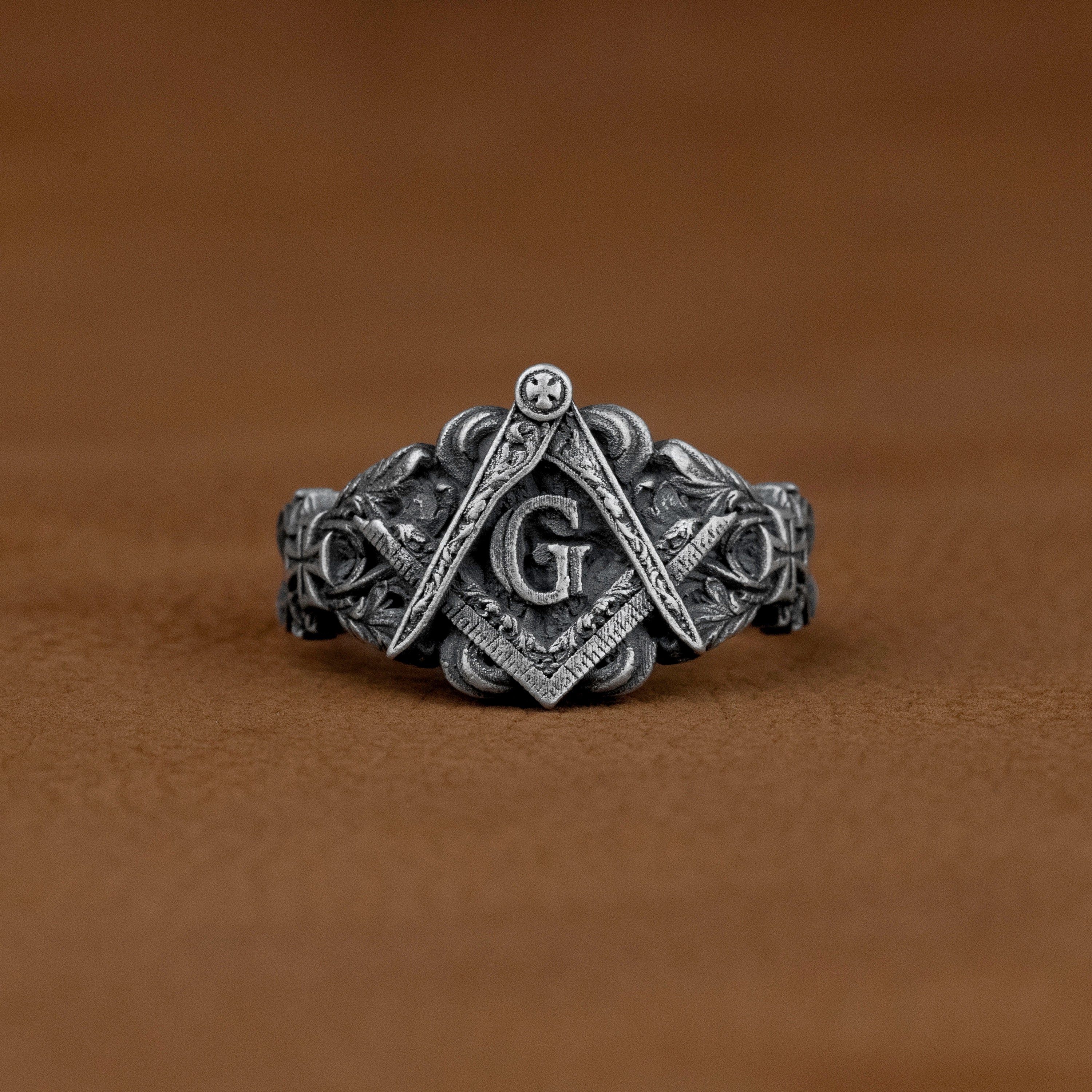 Freemason Silver Men Ring, Sterling Silver Masonic Ring With Floral and ...