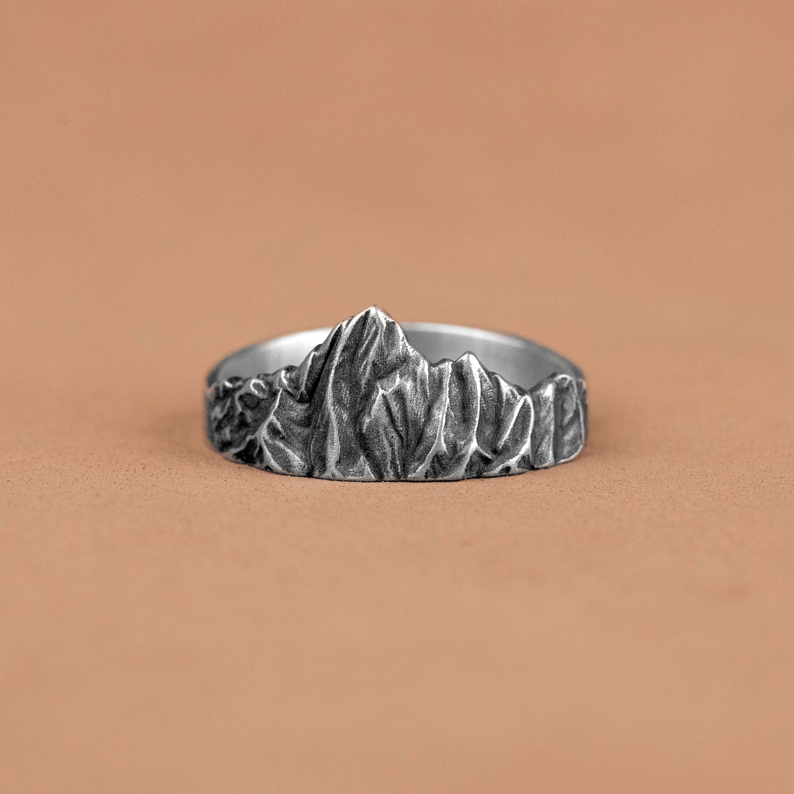 Silver Wedding Band Ring With Montain Shape, Oxidized Silver Travel ...