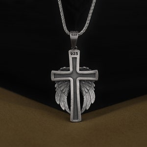 Religious Cross With Angel Wings Pendant, 925 Sterling Silver Christian ...